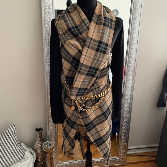 Jackets & Coats | Trendy Sleeveless Grid Print Coffee Colored Coat ...